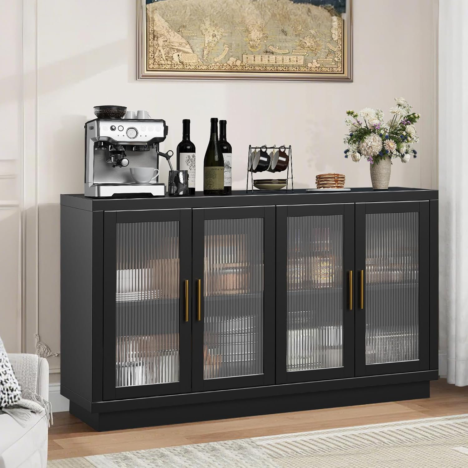 Ebern Designs Buffet Cabinet with Storage & 4 Fluted Glass Doors, 55.1" Kitchen Buffet Storage ...